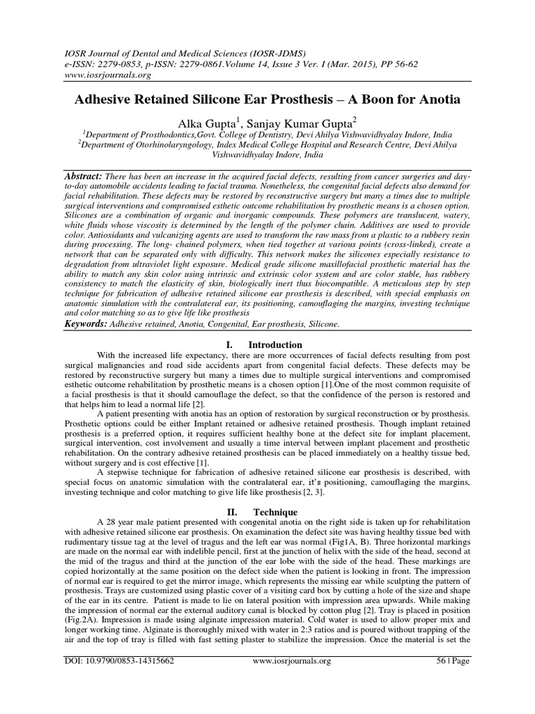 Adhesive Retained Silicone Ear Prosthesis - A Boon For Anotia | PDF ...
