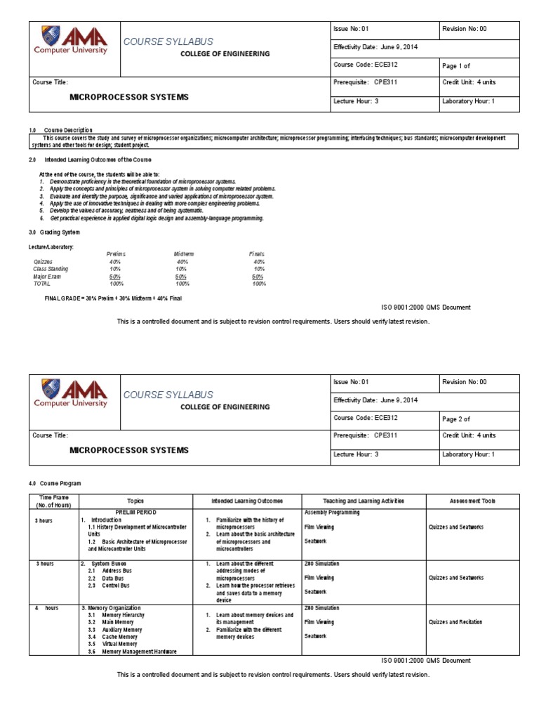 Course Syllabus Microprocessor | PDF | Microcontroller | Input/Output
