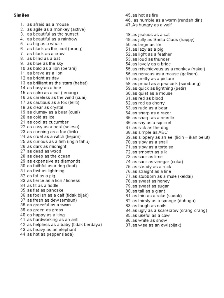 Similes For Primary School Children | PDF