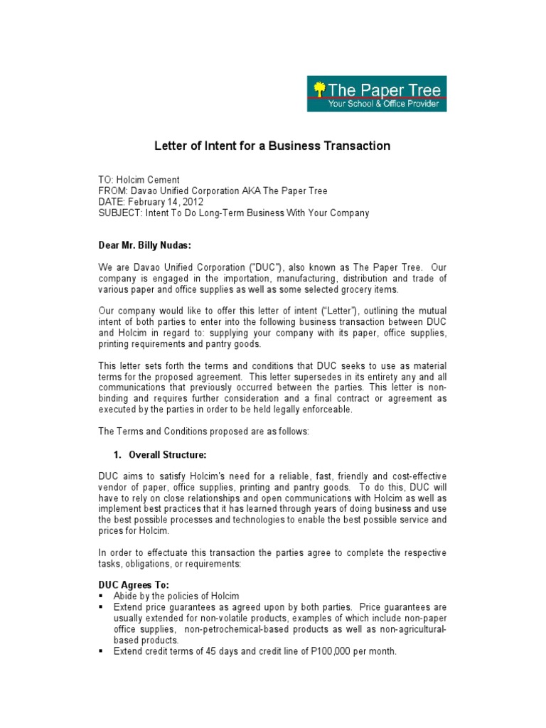 Letter of Intent for a Business Transaction | Financial Transaction