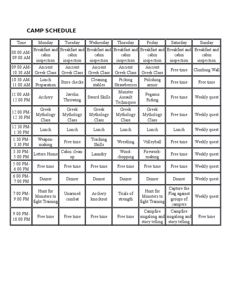 Weekly Camp Schedule Overview | PDF