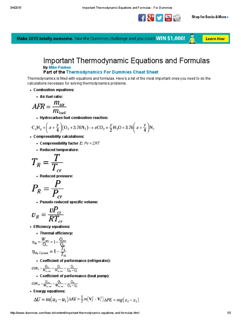 Important Thermodynamic Equations and Formulas - For Dummies