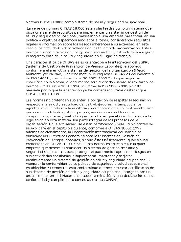 Normas OHSAS 18000 Como Sistema de Salud y Seguridad Ocupacional | PDF ... Normas OHSAS 18000 Como Sistema de Salud y Seguridad Ocupacional | PDF ...