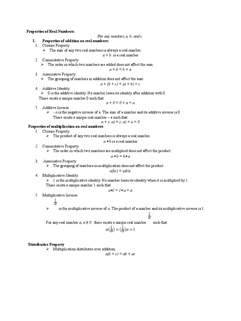 Properties Of Real Numbers I Properties Of Addition On Real Numbers PDF