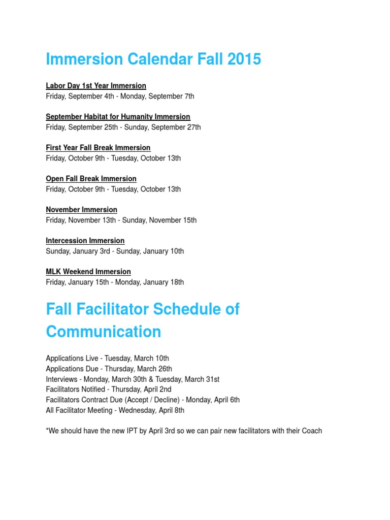 Fall Immersion Calendar | PDF