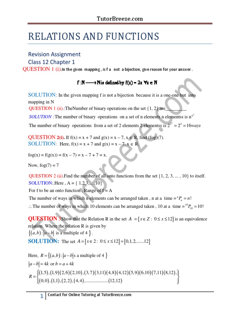1.relations and Functions Assignment Solutions | PDF | Function (Mathematics) | Functions And ...