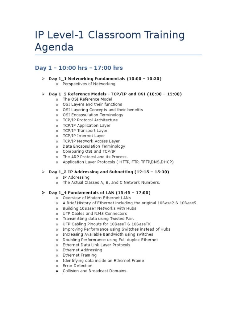 IP Level 1 Training Agenda | PDF | Internet Protocol Suite | Osi Model