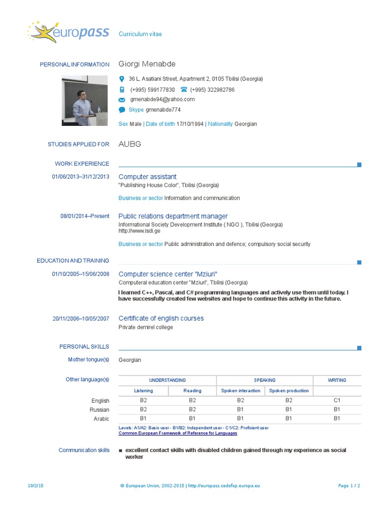 Europass CV 20150210 Menabde en | PDF | Georgia (Country) | Cognition