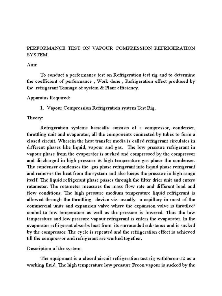 Performance Test On Vapour Compression Refrigeration System | PDF ...