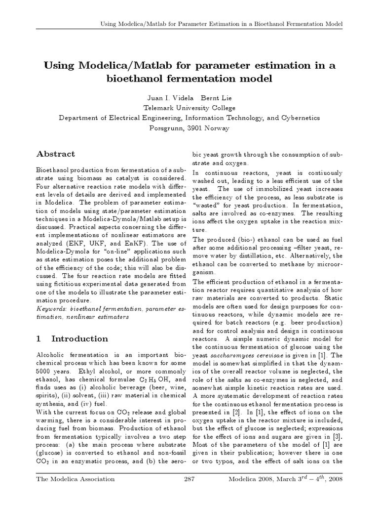 Using Modelica-Matlab For Parameter Estimation in A Bioethanol Fermentation Model | PDF | Kalman ...