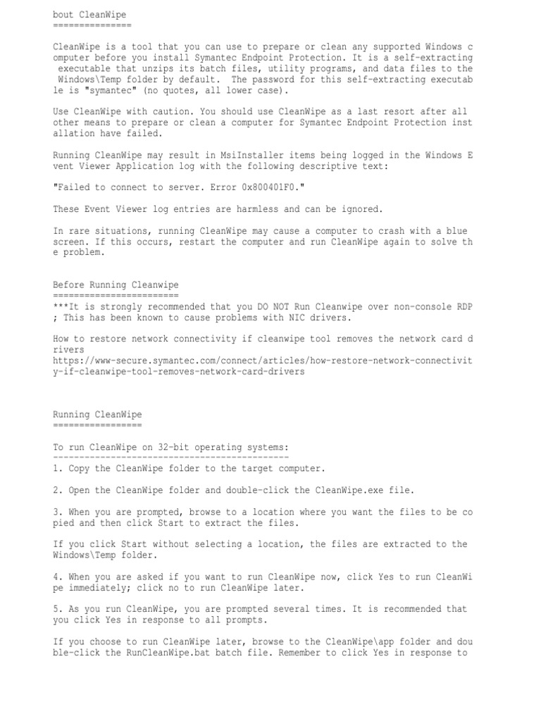Clean Wipe Symantec README | PDF | Command Line Interface | Computer File