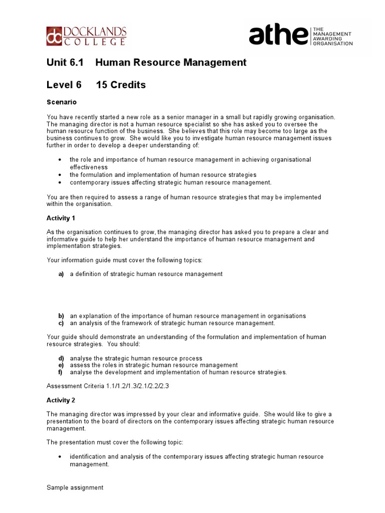 Unit 6.1 Human Resource Management Level 6 15 Credits | PDF | Strategic ...