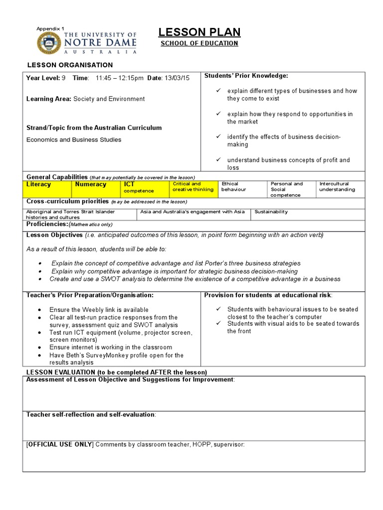 Lesson Presentation Lesson Plan | PDF | Swot Analysis | Competitive ...