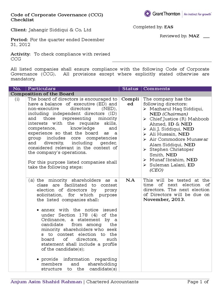 Corporate Governance Compliance Checklist | PDF | Audit Committee ...