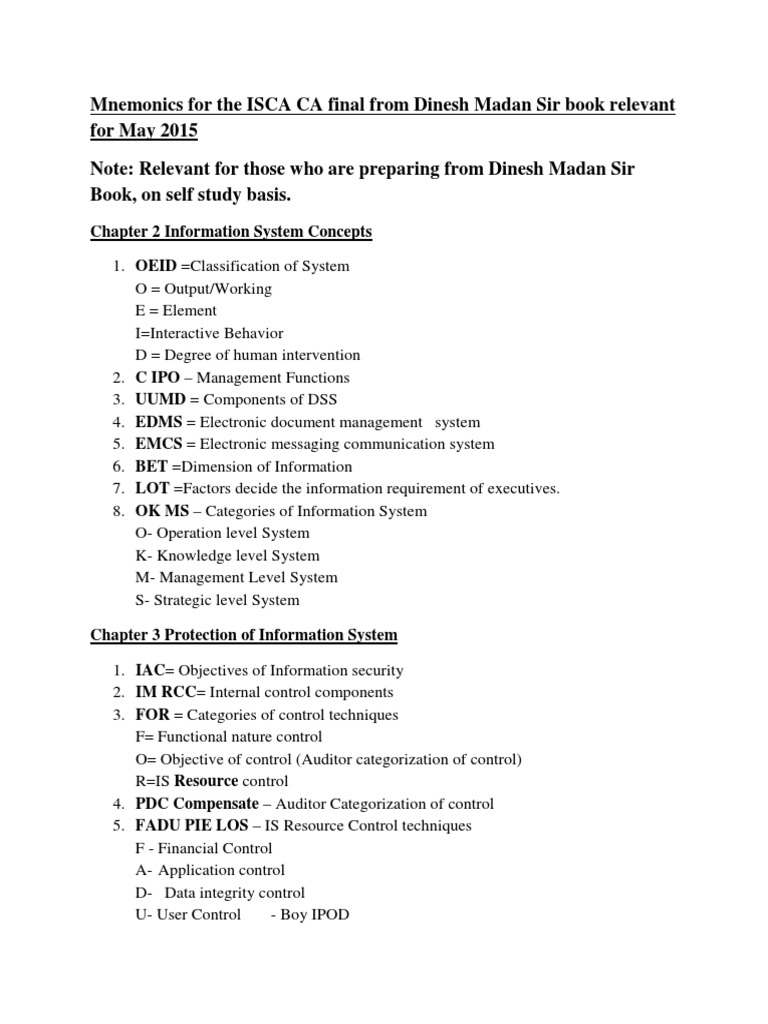 ISCA Mnemonics | Download Free PDF | Information System | Business ...