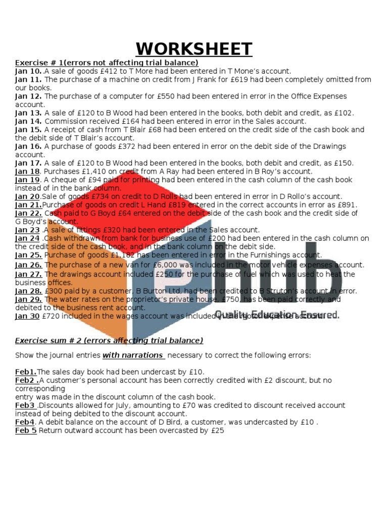 Worksheet | Debits And Credits | Bookkeeping