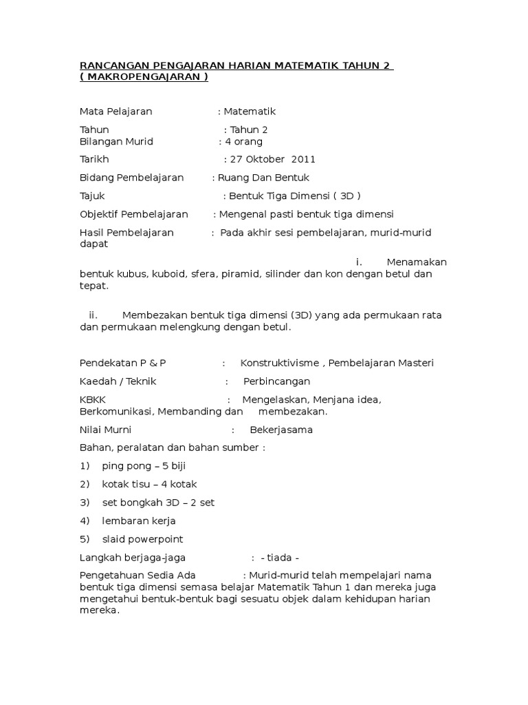 Refleksi & RPH Matematik Tahun 2 | PDF