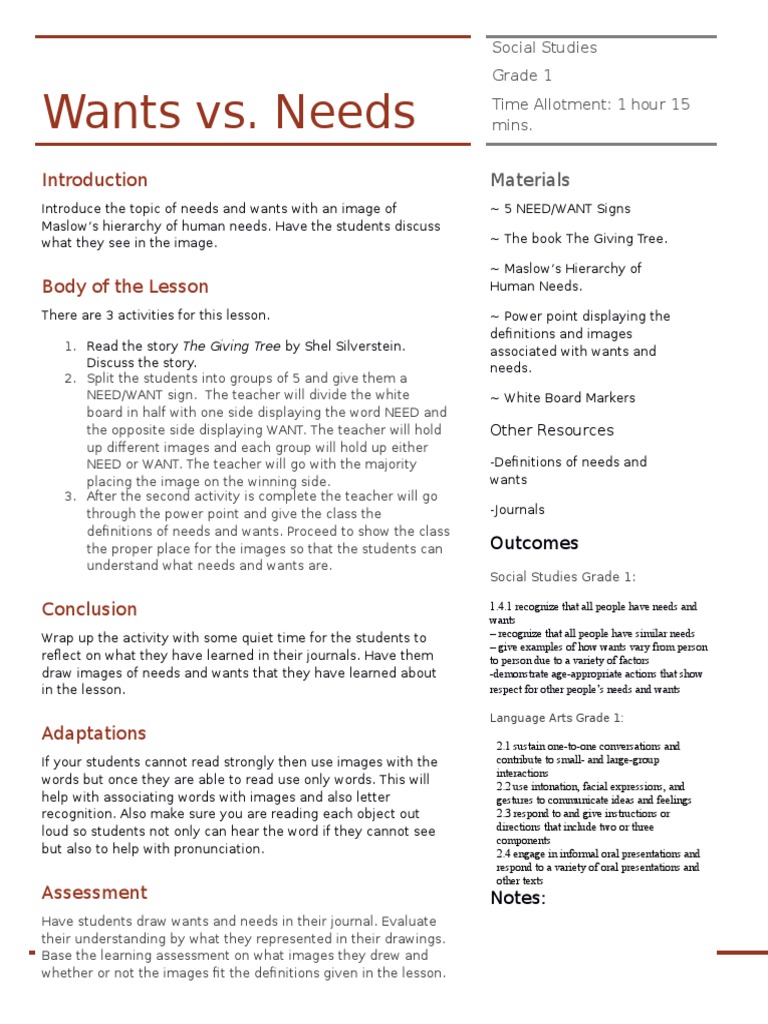 Wants vs. Needs | PDF | Educational Assessment | Pedagogy