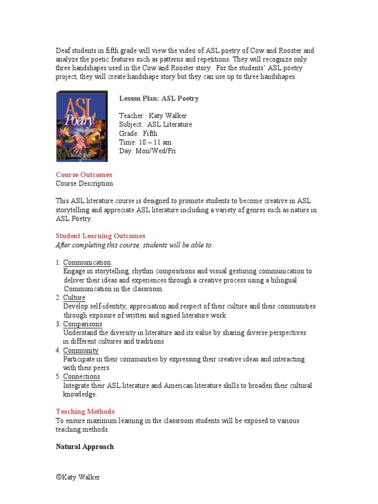 Lesson Plan: ASL Poetry: Course Outcomes | PDF