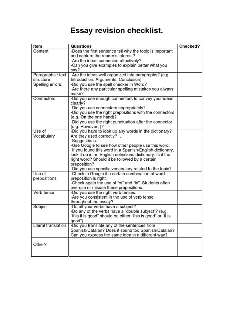 Essay Revision Checklist.: Item Questions Checked? | PDF