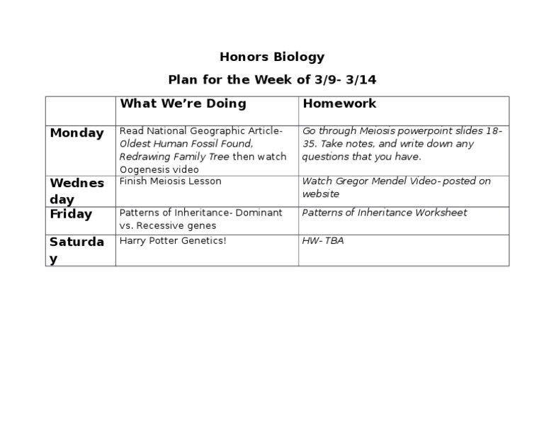 Weekly Honors Biology Plan: 3/9-3/14 | PDF | Language Arts & Discipline ...
