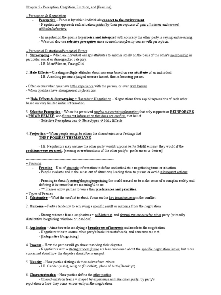 Chapter 5 - Perception, Cognition, and Emotion (Framing) | PDF | Negotiation | Framing (Social ...