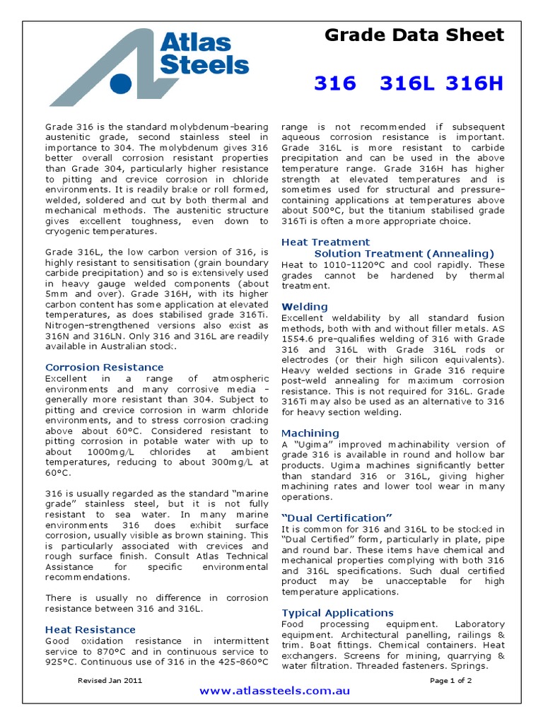Atlas Grade Datasheet 316 Rev Jan 2011 | PDF | Corrosion | Welding