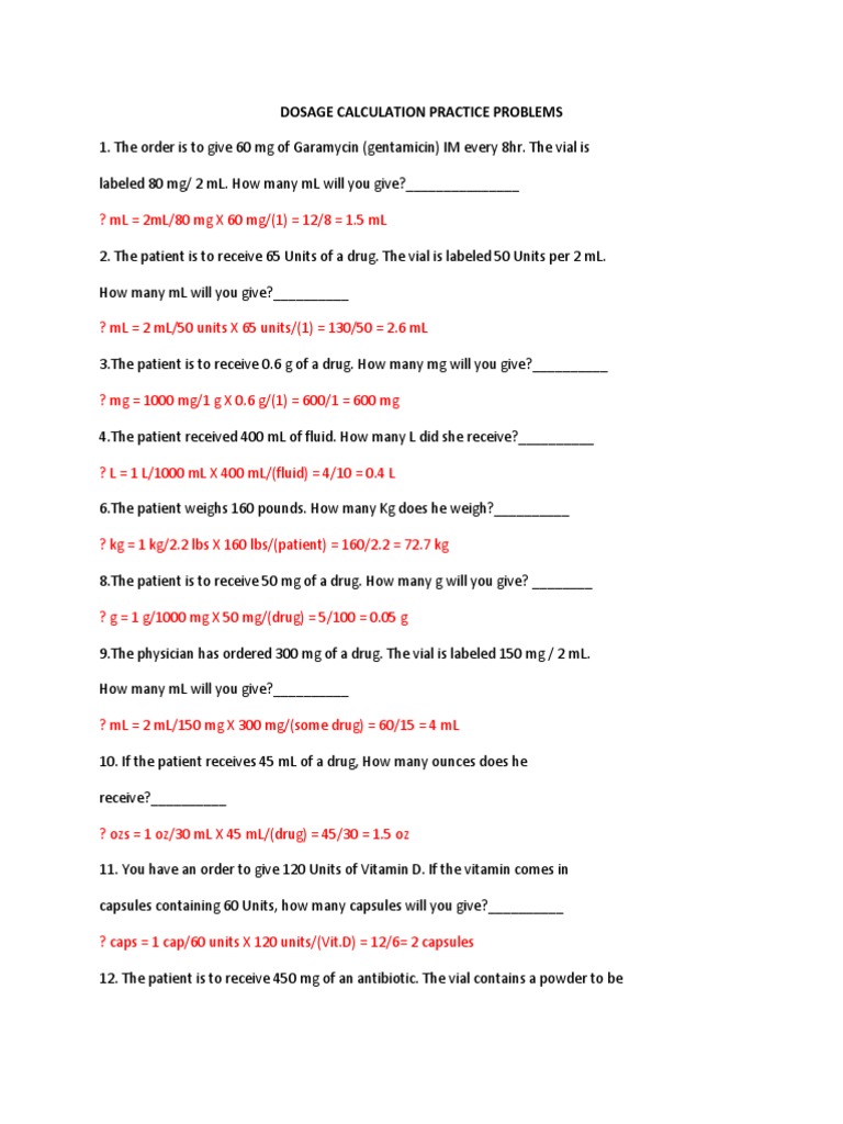 100 Dosage Calculation Practice Problems Answers | PDF | Dose (Biochemistry) | Chemistry