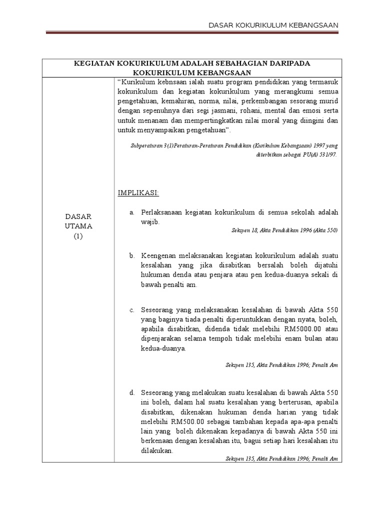 Dasar Kokurikulum Kebangsaan | PDF