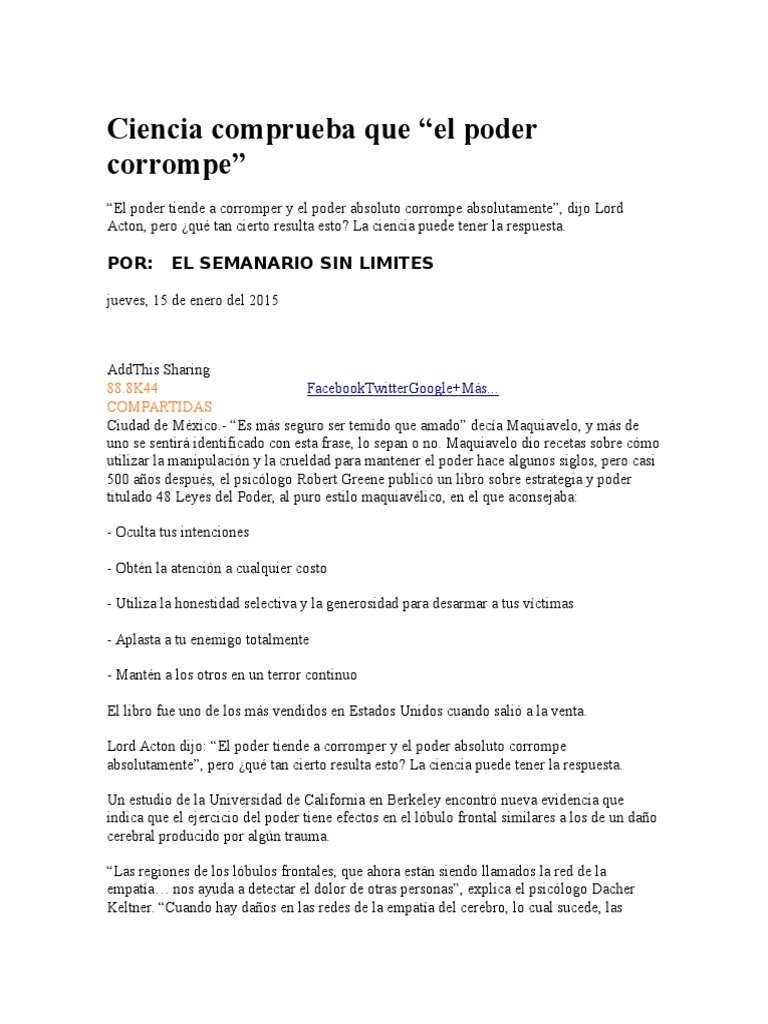 Ciencia Comprueba Que "El Poder Corrompe" | PDF | Cerebro | Salud y ...