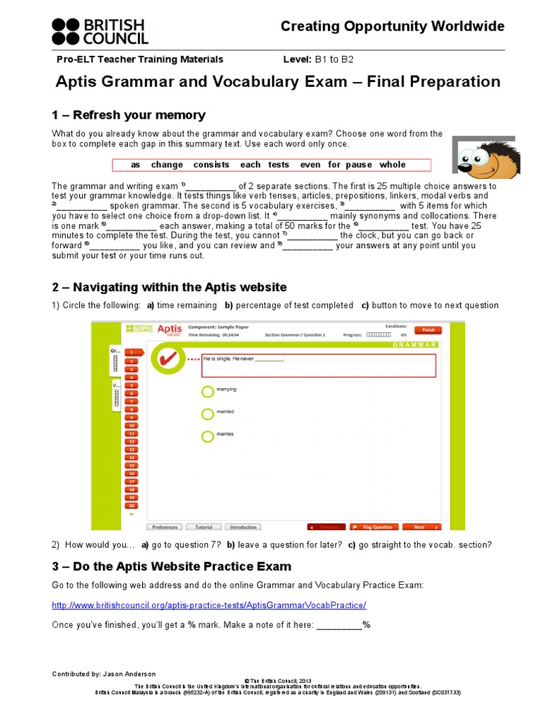 Final Preparation - Aptis Grammar and Vocabulary Exam | PDF | Language ...