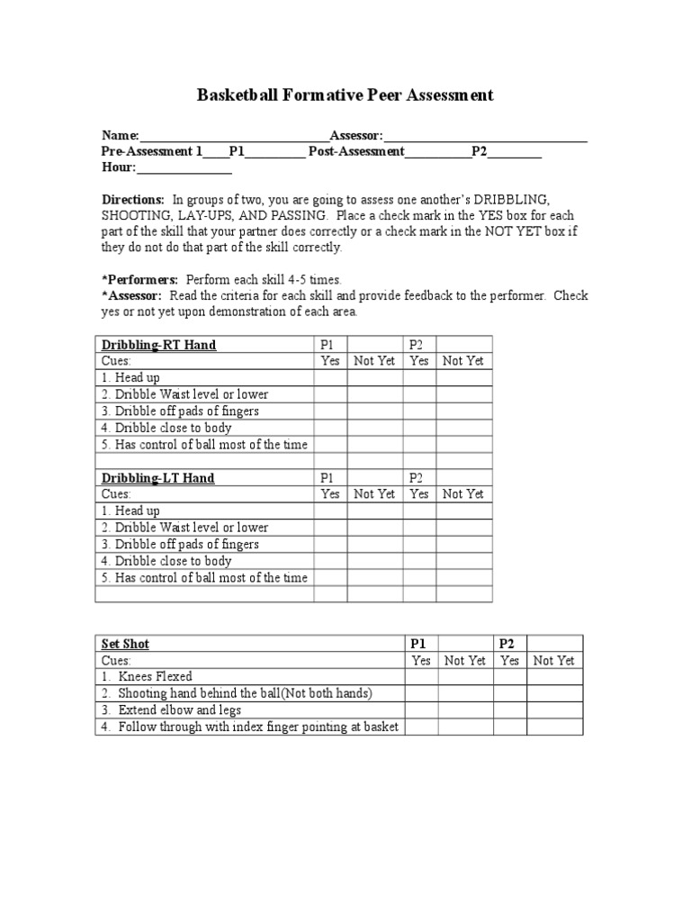 Basketball Formative Peer Pre Assessment1 | PDF | Sports & Recreation