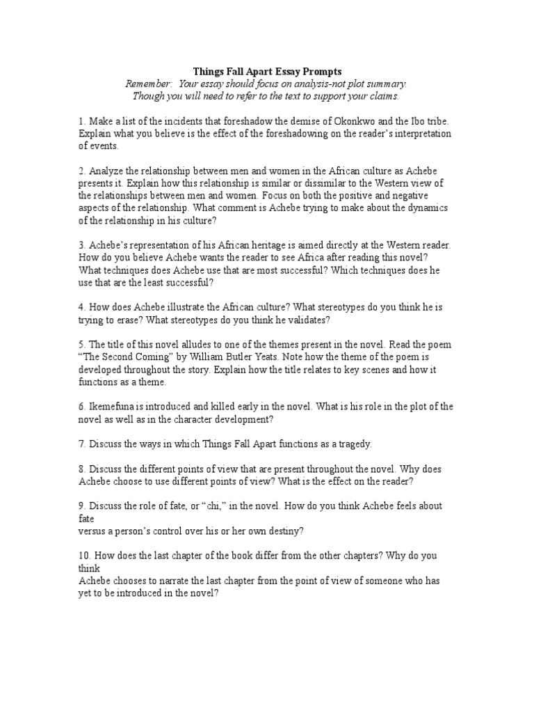 Things Fall Apart Essay Prompts Analysis | PDF | Narration | Books