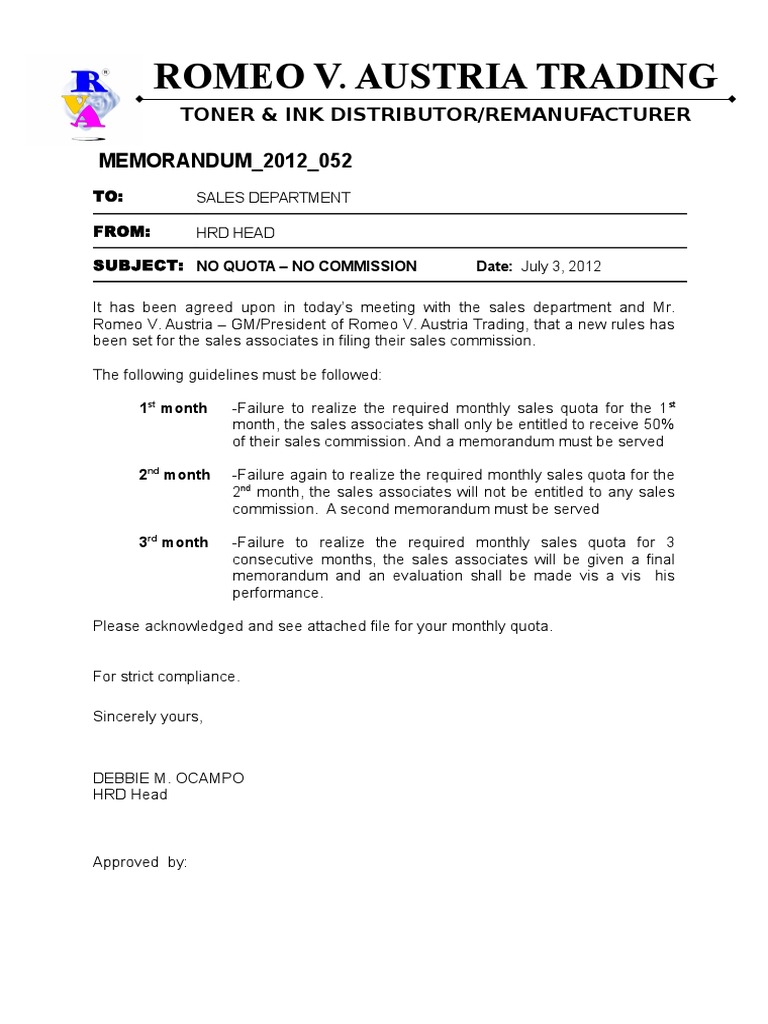Memo - 2012 - 052 - Memo For Sales Commsision | PDF