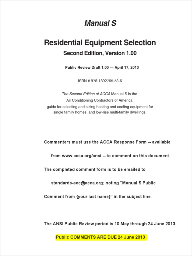 Acca Manual S 2013 Public Review V1 00 Pdf Air Conditioning Hvac