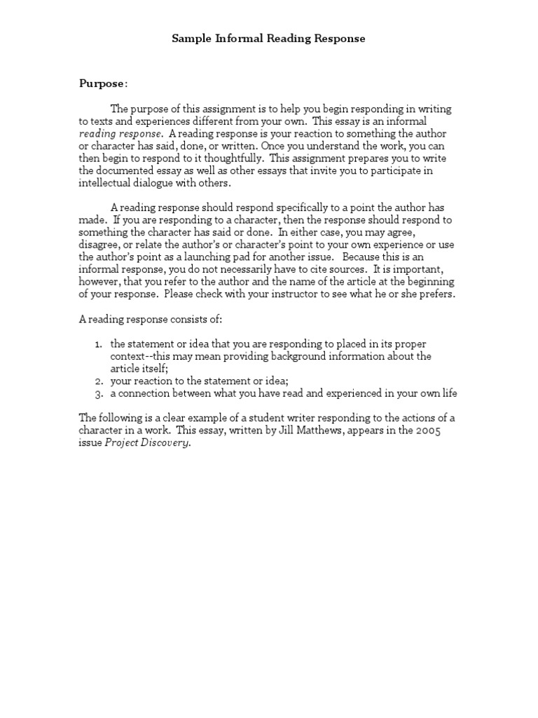 Backup of Sample Informal Reading Response | PDF | Essays | Reading ...