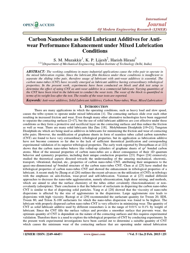 Carbon Nanotubes As Solid Lubricant Additives For Antiwear Performance ...