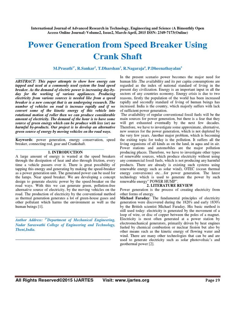 Power Generation From Speed Breaker Using Crank Shaft | PDF | Battery ...