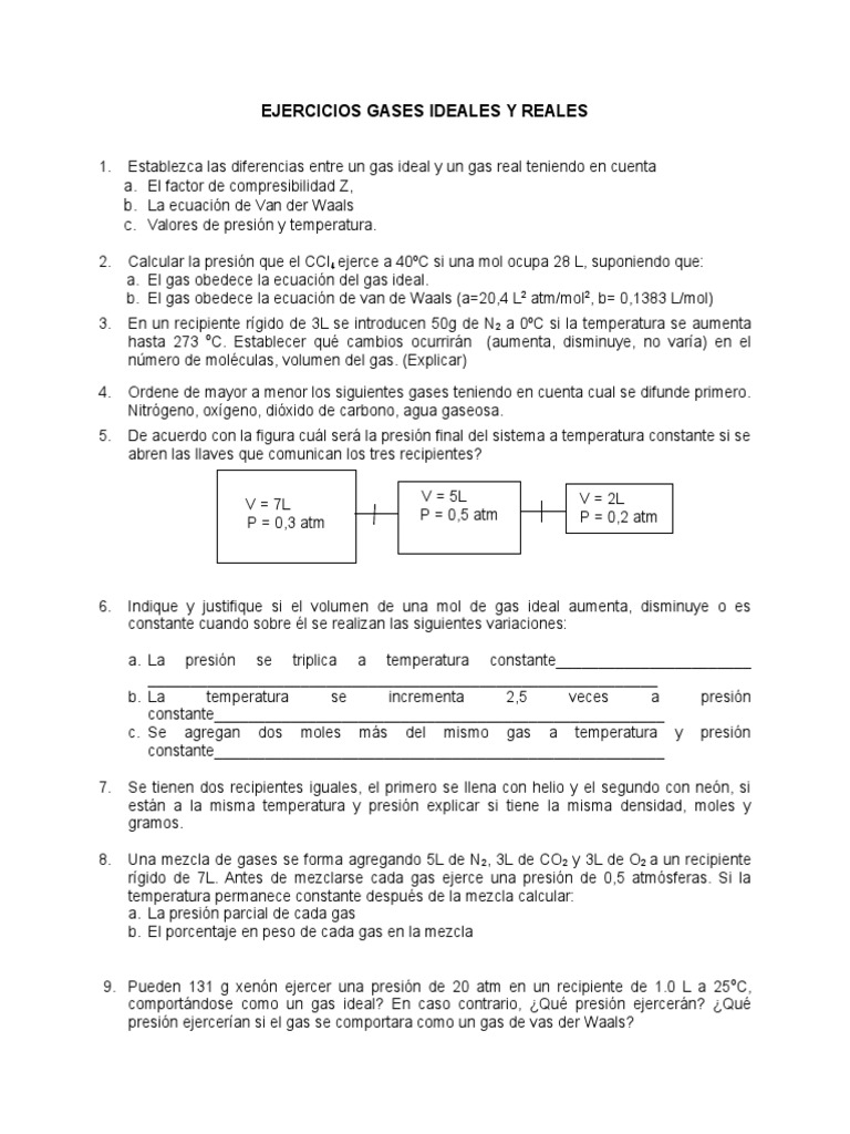 Ejercicios Gases Ideales y Reales 2015 | PDF | Mecánica estadística | Gases