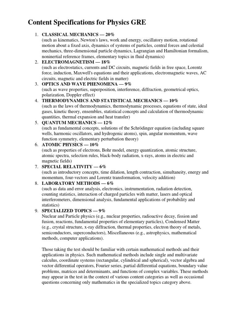 Content Specifications For Physics GRE | PDF | Electromagnetic Radiation | Waves