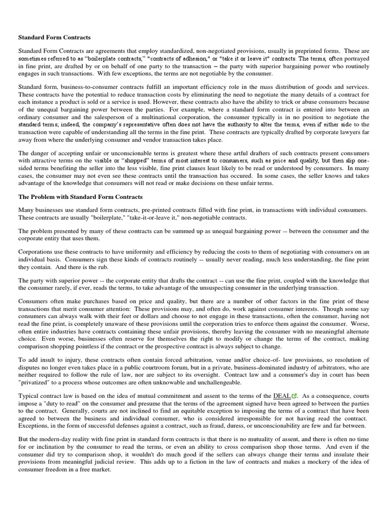 Standard Form Contracts | PDF | Fine Print | Virtue