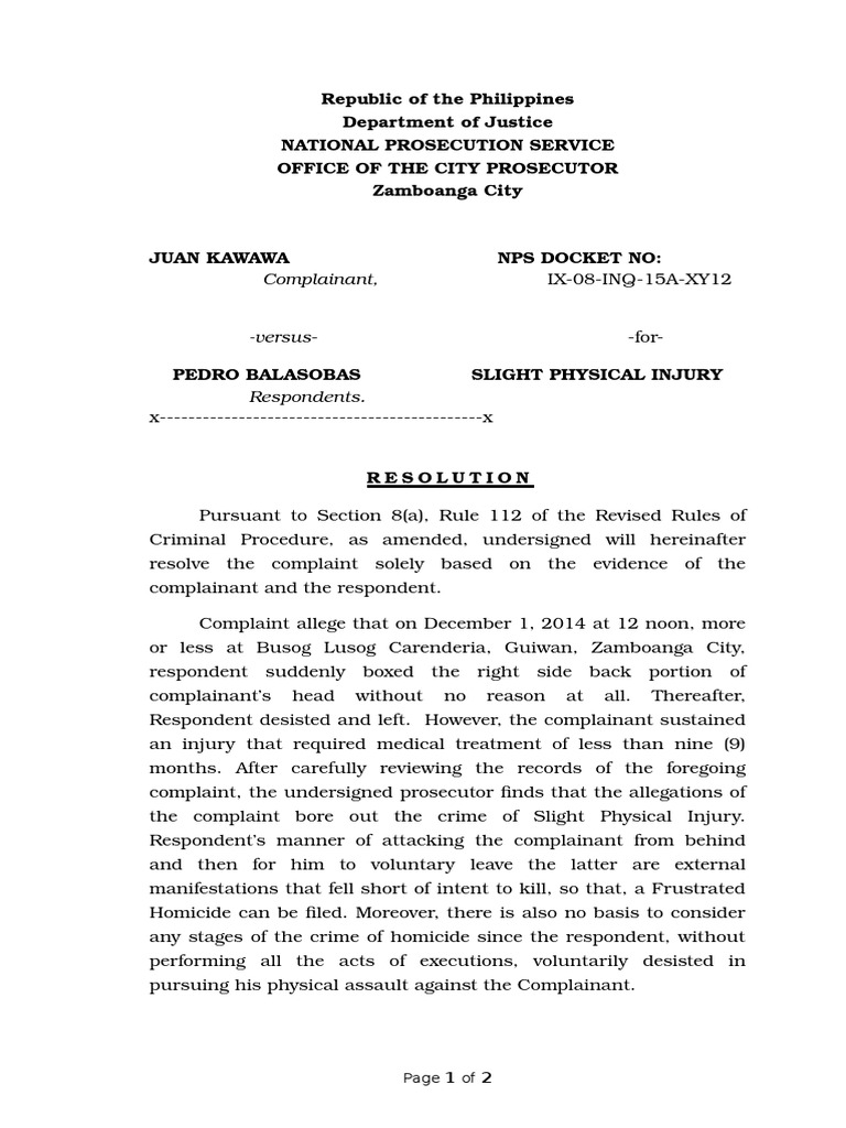 Resolution on Slight Physical Injury Case | PDF