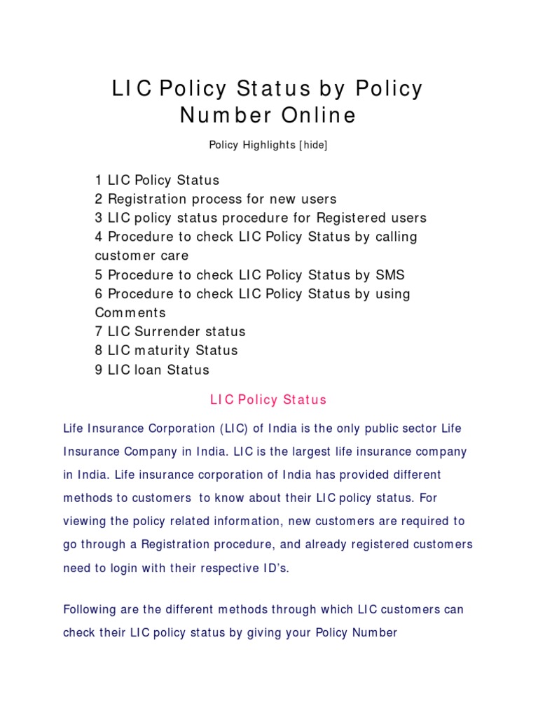 LIC Policy Status by Policy Number Online | PDF | Loans | Login