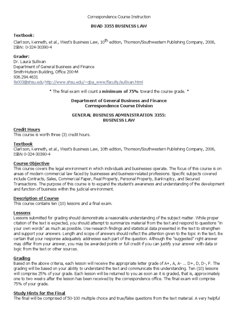Business Law Course Guide | PDF | Syllabus | Test (Assessment)