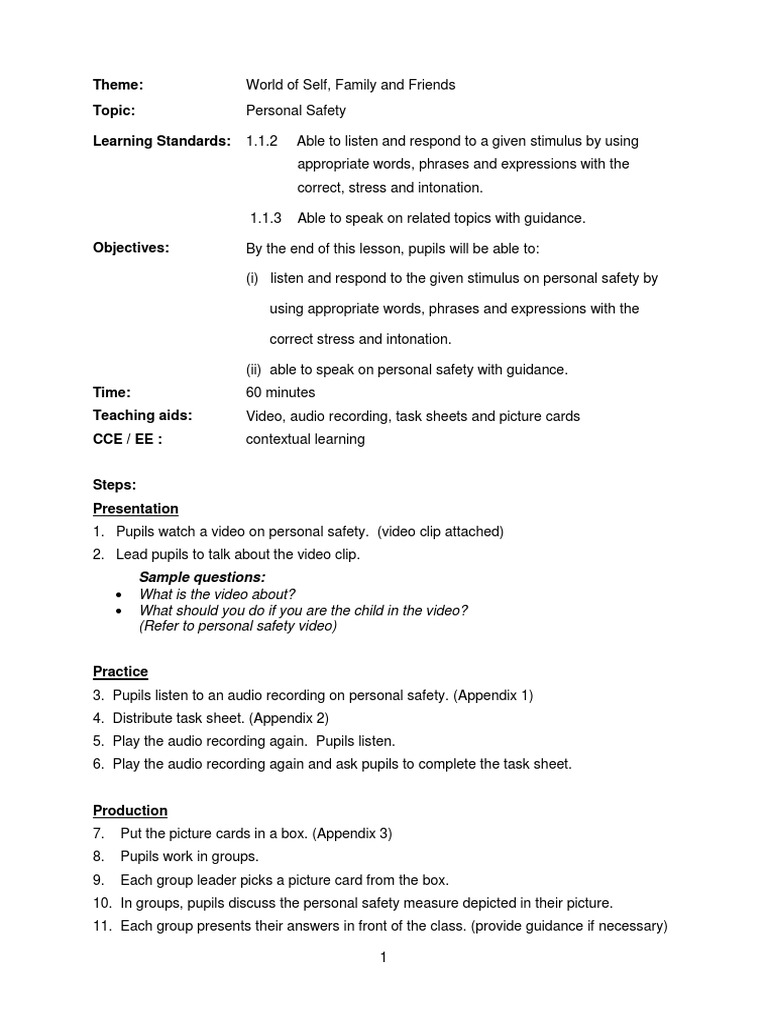 KSSR Year 5 LP L1 Personal Safety | PDF | Question | Teaching And Learning