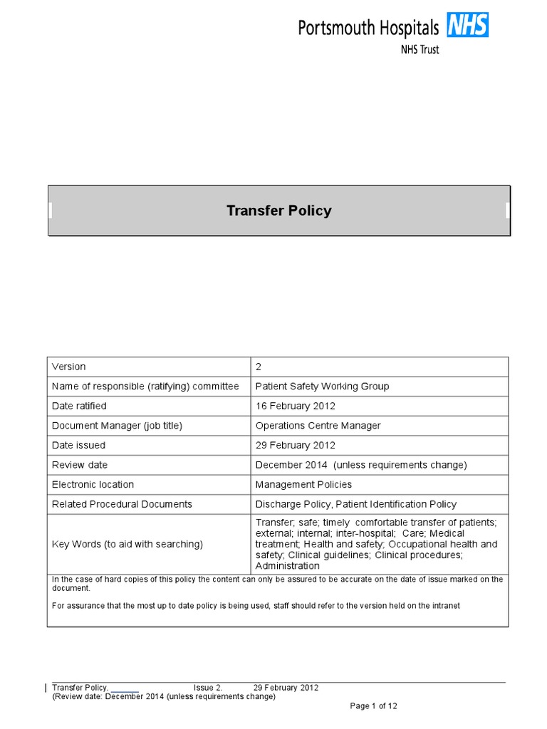 Transfer Policy.doc | Hospital | Emergency Department | Free 30-day ...
