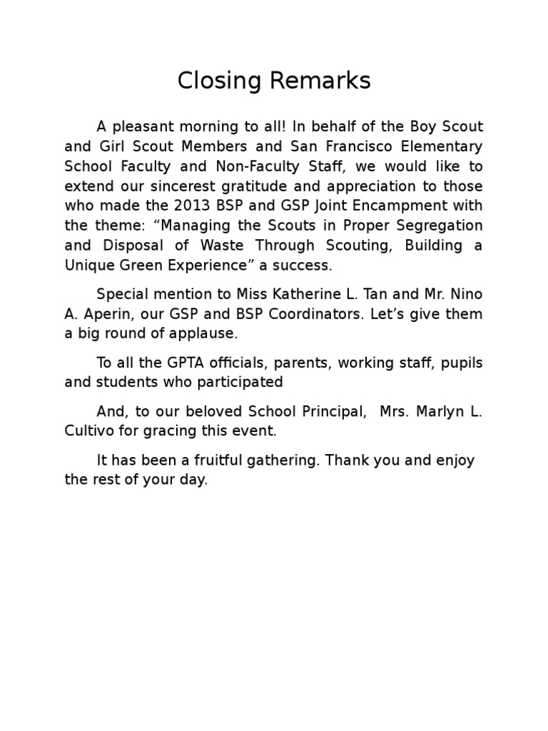 Closing Remarks Camping | PDF