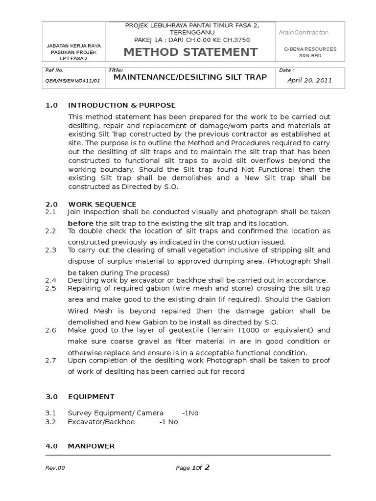 Method Statement: Maintenance/Desilting Silt Trap