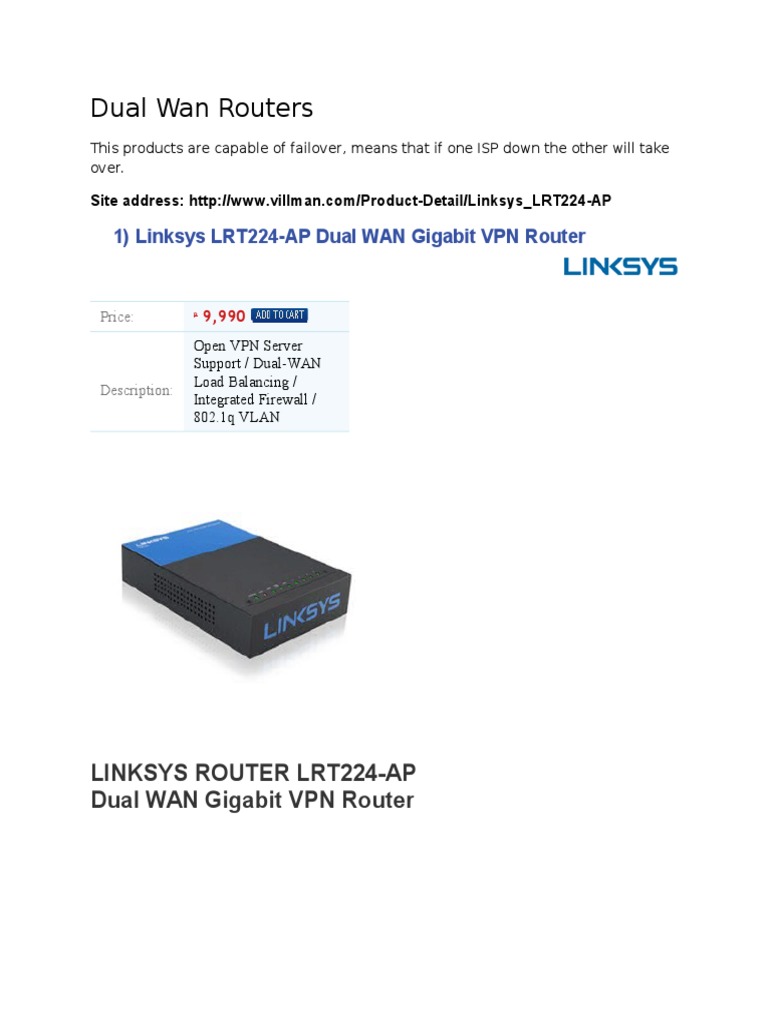 Dual Wan Routers: 1) Linksys LRT224-AP Dual WAN Gigabit VPN Router | Download Free PDF | Virtual ...