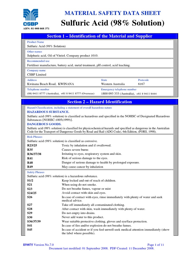 Sulfuric Acid 98 Solution Msds Pdf Sulfuric Acid Dangerous Goods 9956